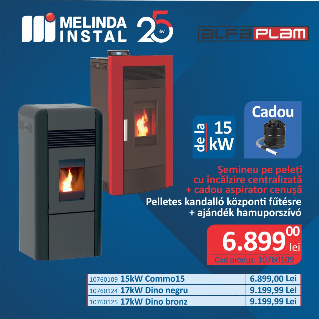 TERMOSEMINEU PE PELETI, TIP CENTRALA, DIN OTEL, ALFA PLAM, COMMO, 15 KW, ROSU, AUTONOMIE 21 ORE ...